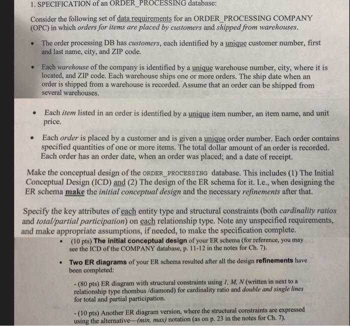 Solved 1. SPECIFICATION of an ORDER PROCESSING database: | Chegg.com