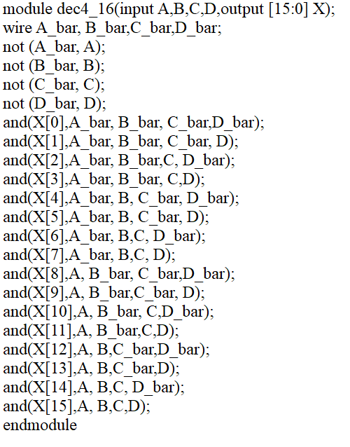 Solved module dec4_16(input A,B,C,D,output [15:0] X); wire A | Chegg.com