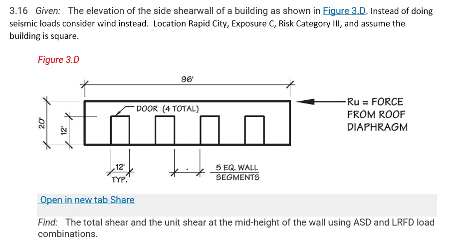 Solved 3.16 ﻿Given: The elevation of the side shearwall of a | Chegg.com