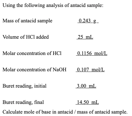 Solved Using the following analysis of antacid sample: Mass | Chegg.com