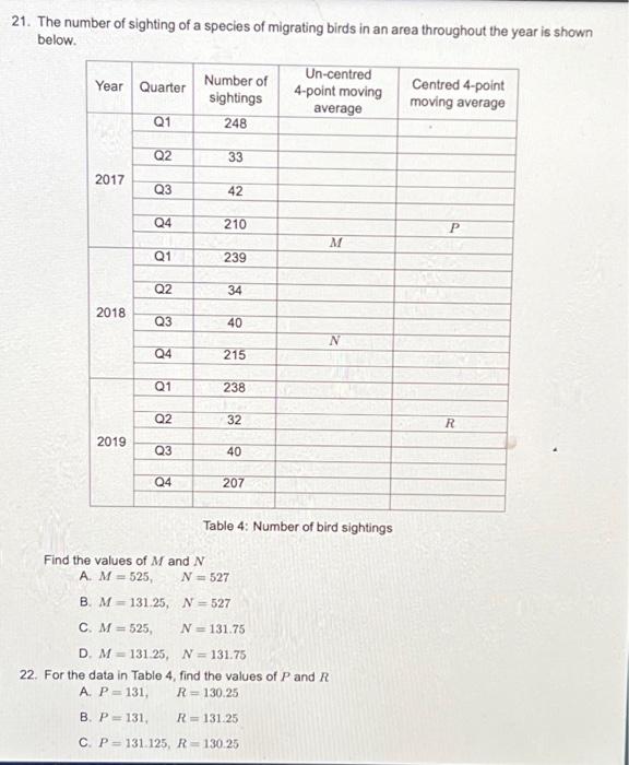 Solved 21. The number of sighting of a species of migrating | Chegg.com
