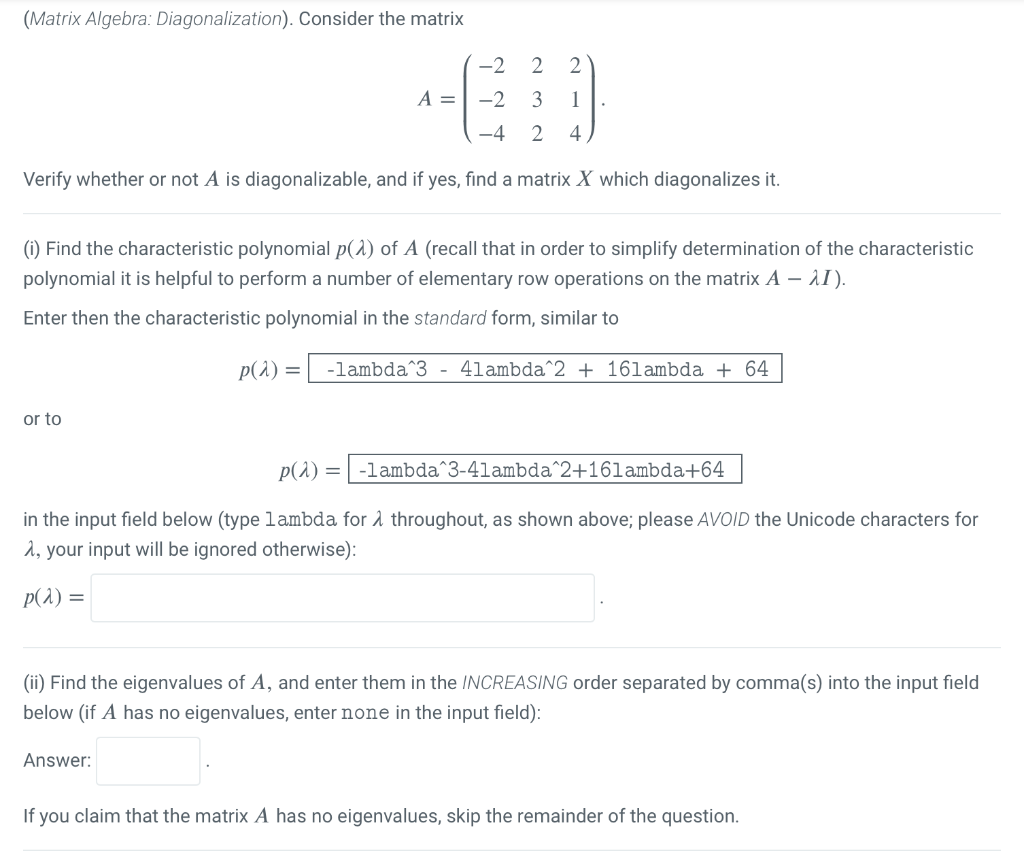 Solved (Matrix Algebra: Diagonalization). Consider the | Chegg.com