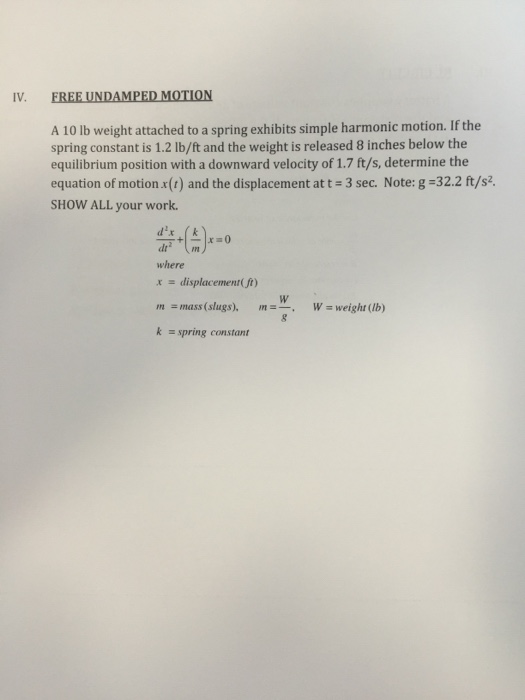 Solved IV FREE UNDAMPED MOTION A 10 lb weight attached to a | Chegg.com