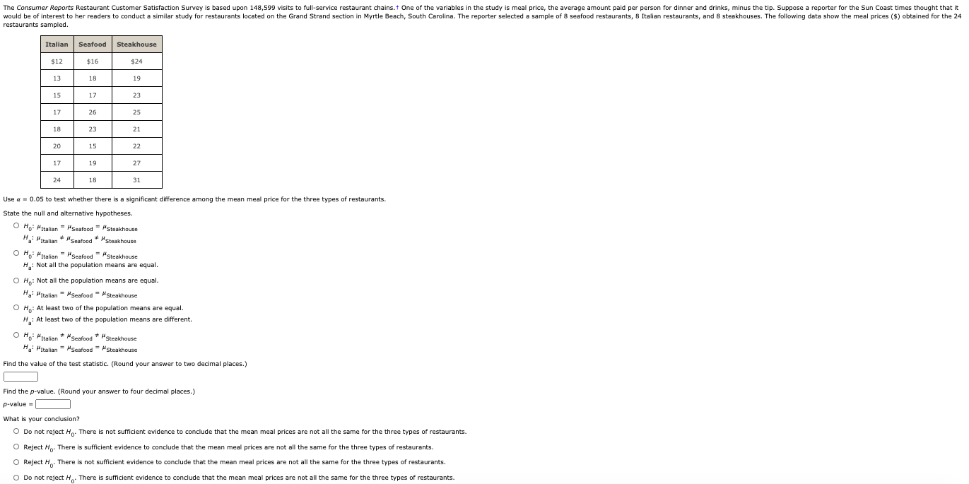 Solved The Consumer Reports Restaurant Customer Satisfaction | Chegg.com