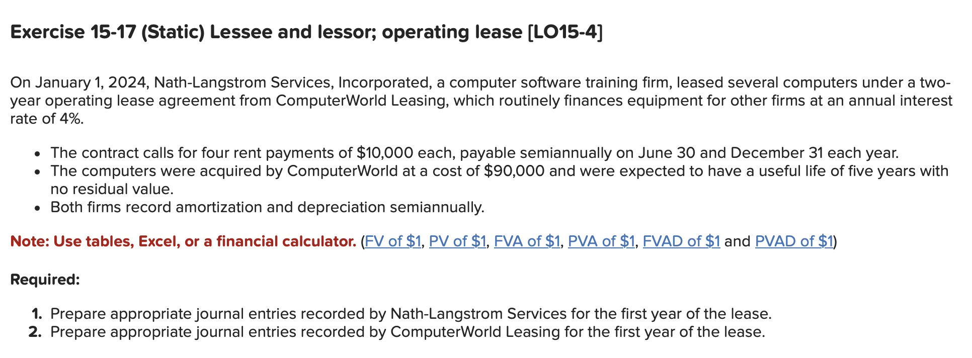 Solved Exercise 15-17 (Static) Lessee and lessor; operating | Chegg.com