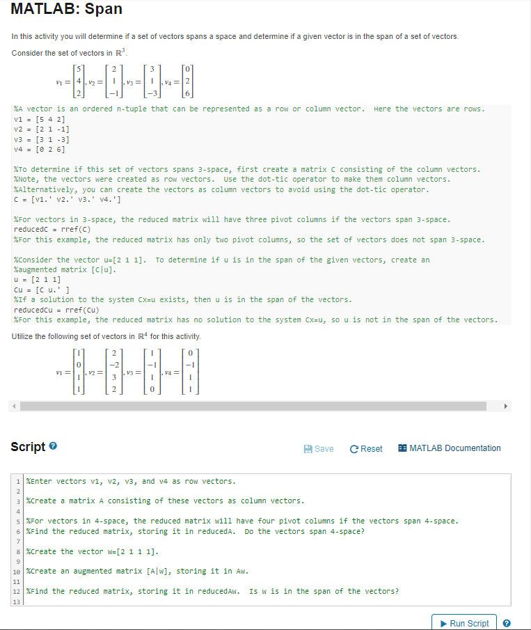 Solved %Enter vectors v1, v2, v3, and v4 as row | Chegg.com