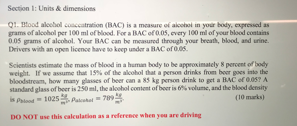 Solved Section 1: Units & dimensions Q1. Blood alcohol | Chegg.com