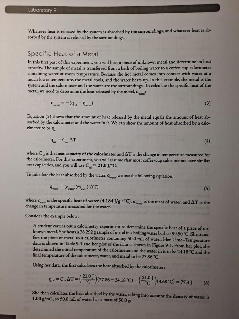 Laboratory 9 CALORIMETRY: SPECIFIC HEAT OF A METAL | Chegg.com