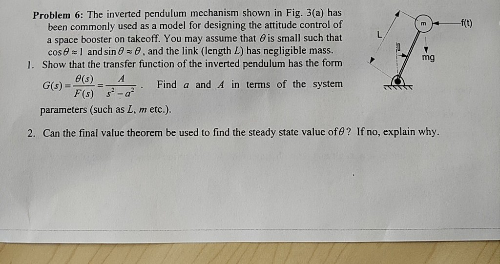Solved f(t) Problem 6: The inverted pendulum mechanism shown | Chegg.com