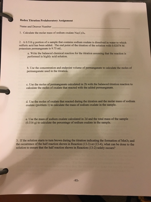 Solved Redox Titration Prelaberatory Assignment Name and | Chegg.com