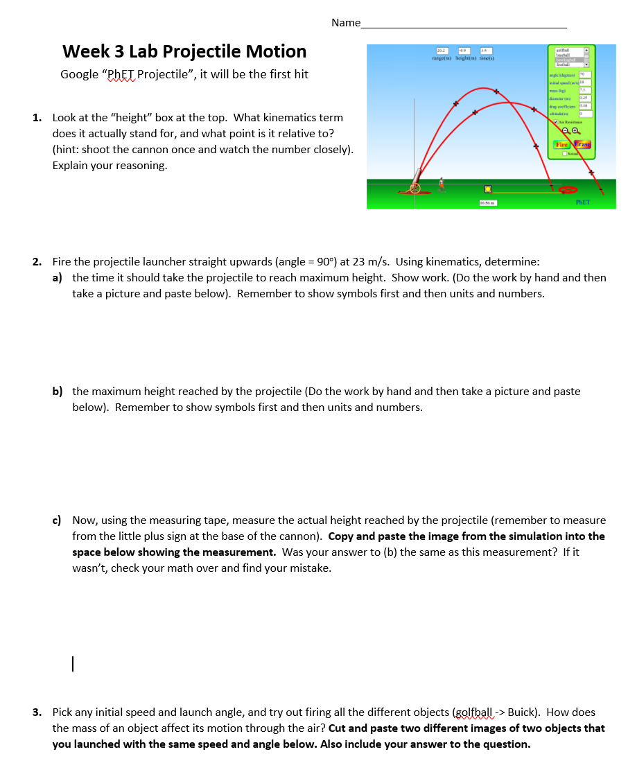 Solved Name Week 3 Lab Projectile Motion Google "PLET | Chegg.com