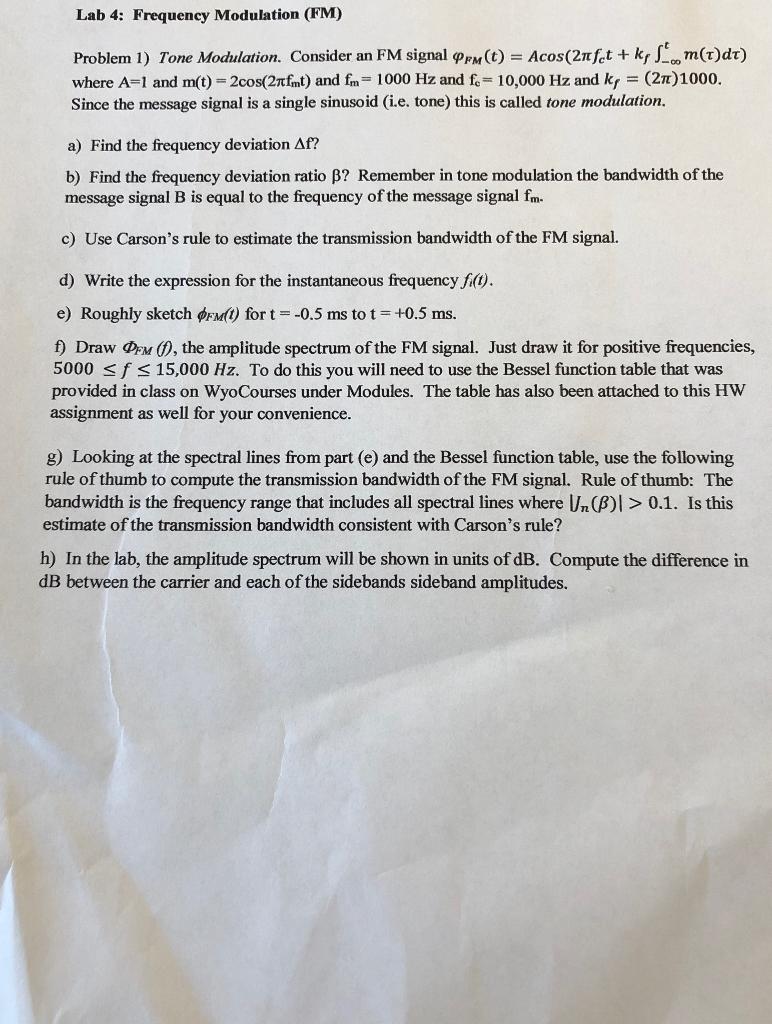 Lab 4: Frequency Modulation (FM) Problem 1) Tone | Chegg.com