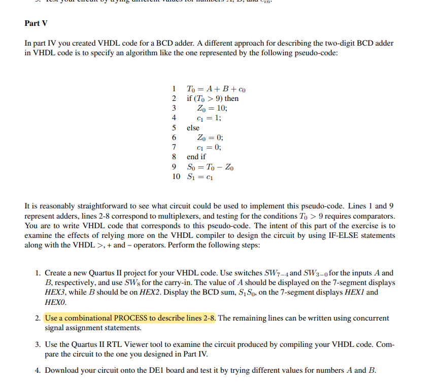Part V In part IV you created VHDL code for a BCD | Chegg.com