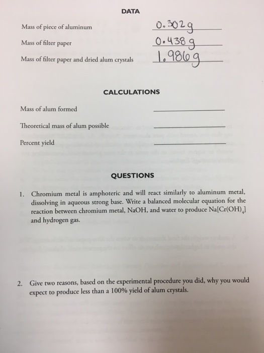 DATA Mass of piece of aluminum Mass of filter paper | Chegg.com