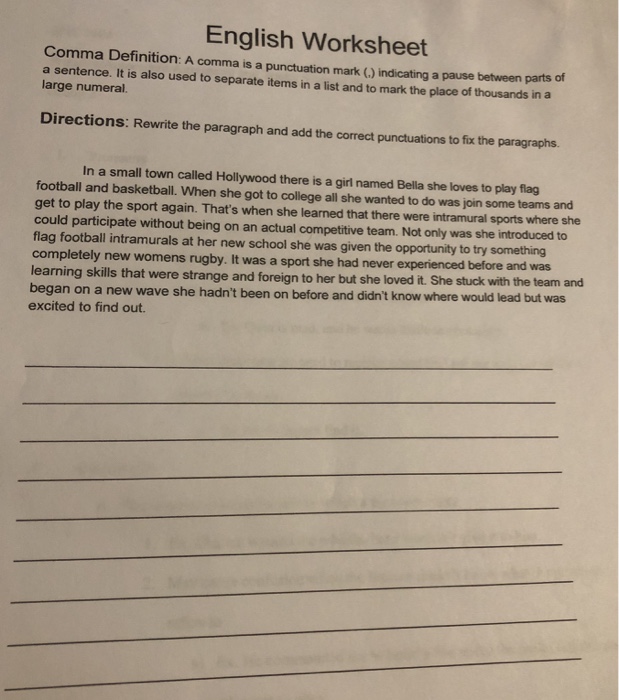 Solved English Worksheet Comma Definition: A comma is a | Chegg.com