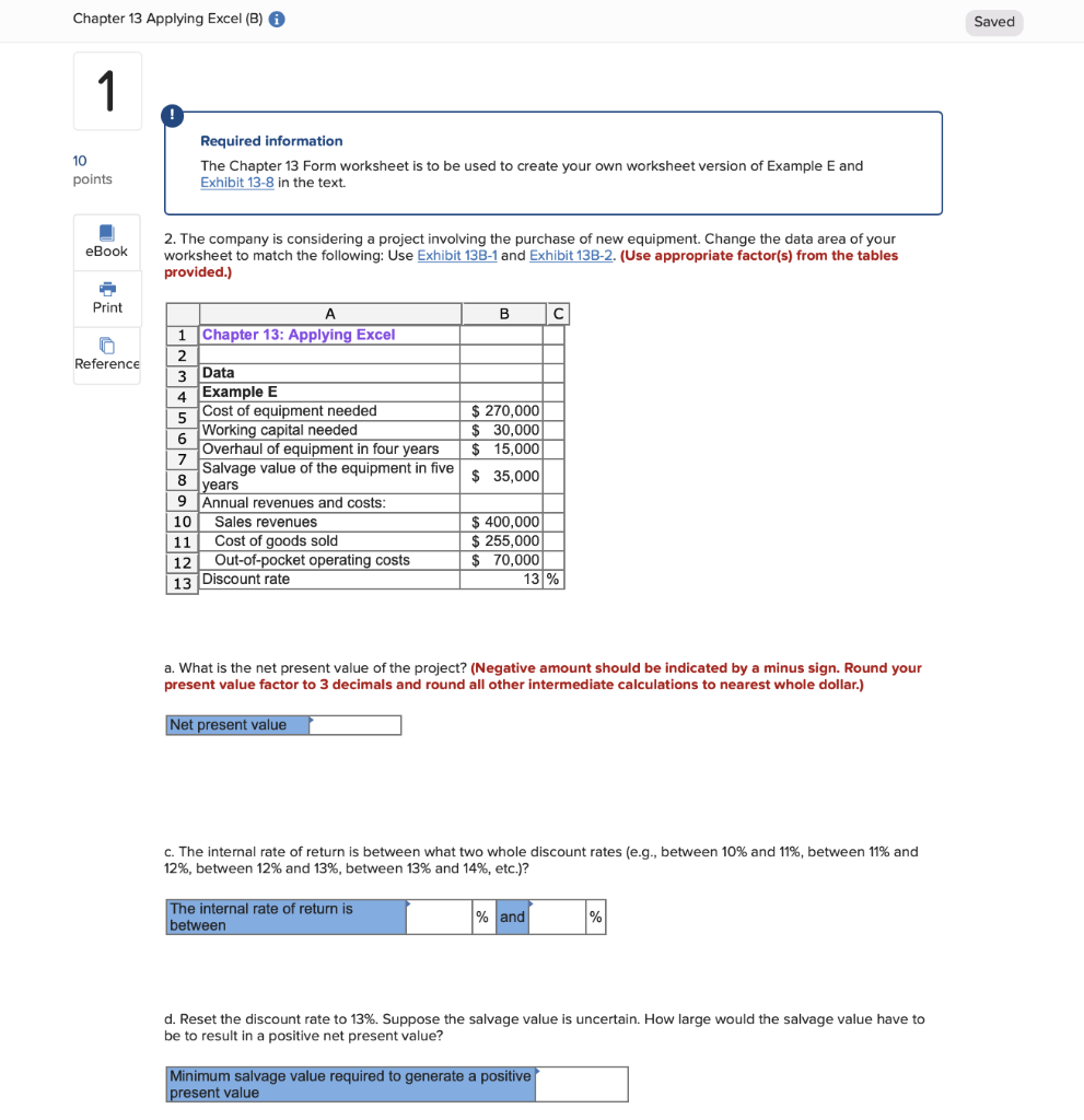 Solved Chapter 13 Applying Excel (B) O Saved Required | Chegg.com