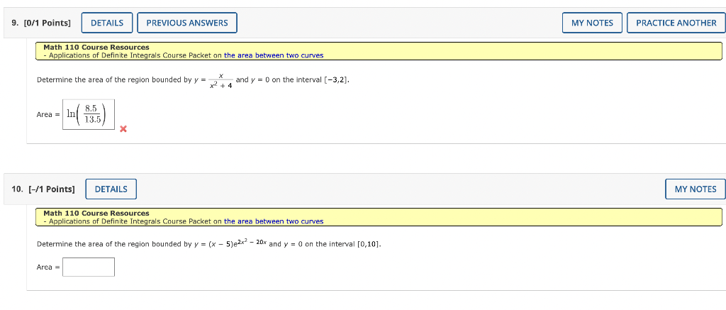 Solved Math 110 Course Resources - Applications of Definite | Chegg.com