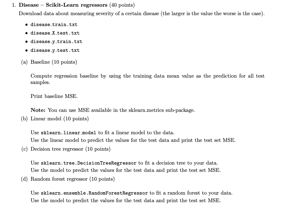 Solved Disease - Scikit-Learn regressors (40 points) | Chegg.com