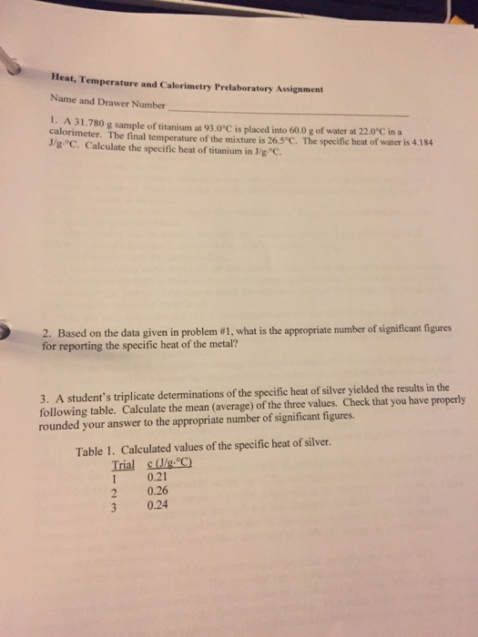 Solved Heat, Temperature and Calorimetry Prelaboratory | Chegg.com