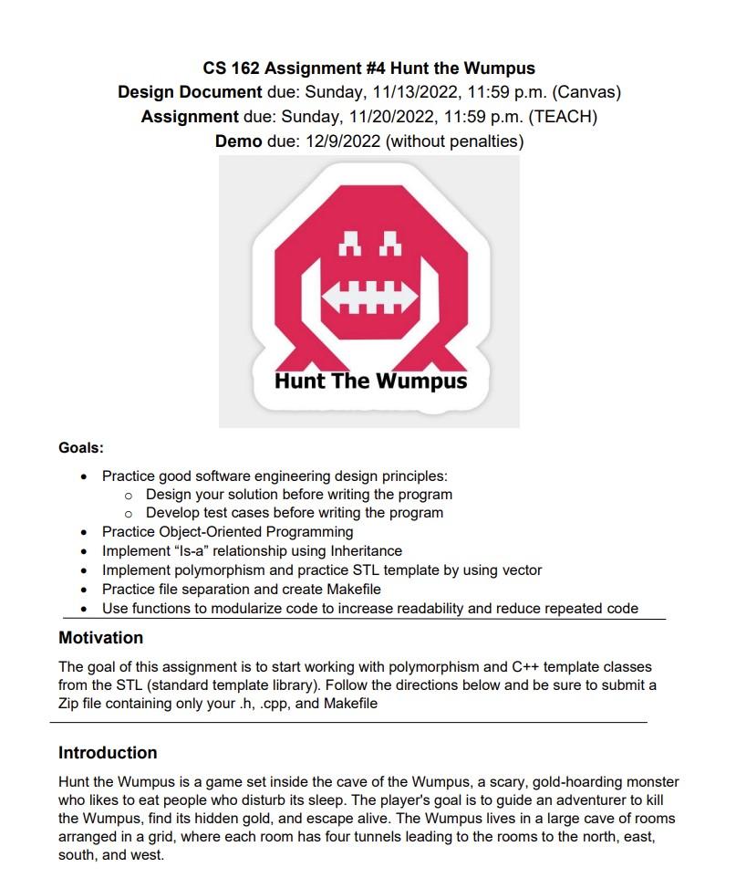CS 162 Assignment \#4 Hunt the Wumpus Design Document | Chegg.com
