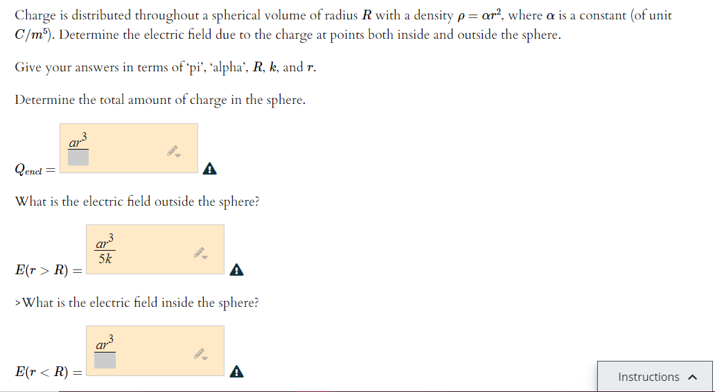Solved Charge is distributed throughout a spherical volume | Chegg.com