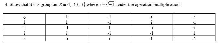 Solved 4. Show that S is a group on S={1,−1,i,−i} where i=−1 | Chegg.com