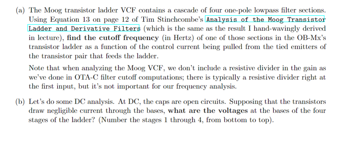 Solved fc=2πCRequiv 1=8πCVTIf(a) The Moog transistor ladder | Chegg.com