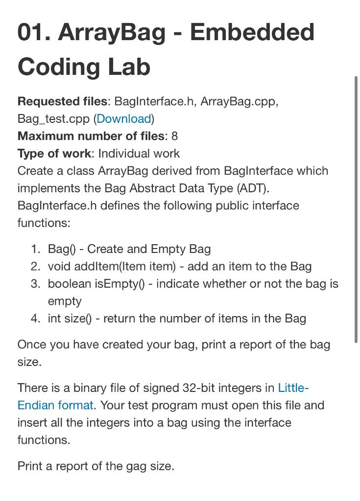 Solved 01. ArrayBag - Embedded Coding Lab Requested files: | Chegg.com