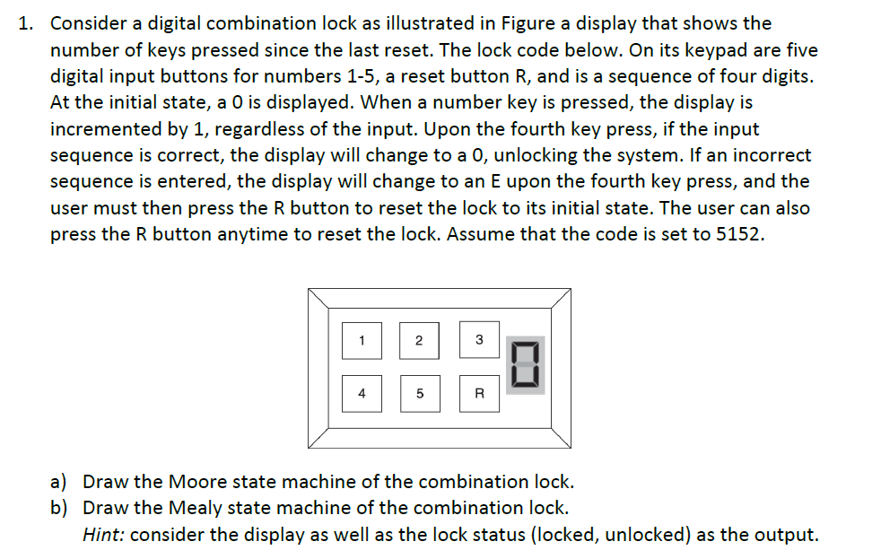 Solved 1. Consider a digital combination lock as illustrated | Chegg.com