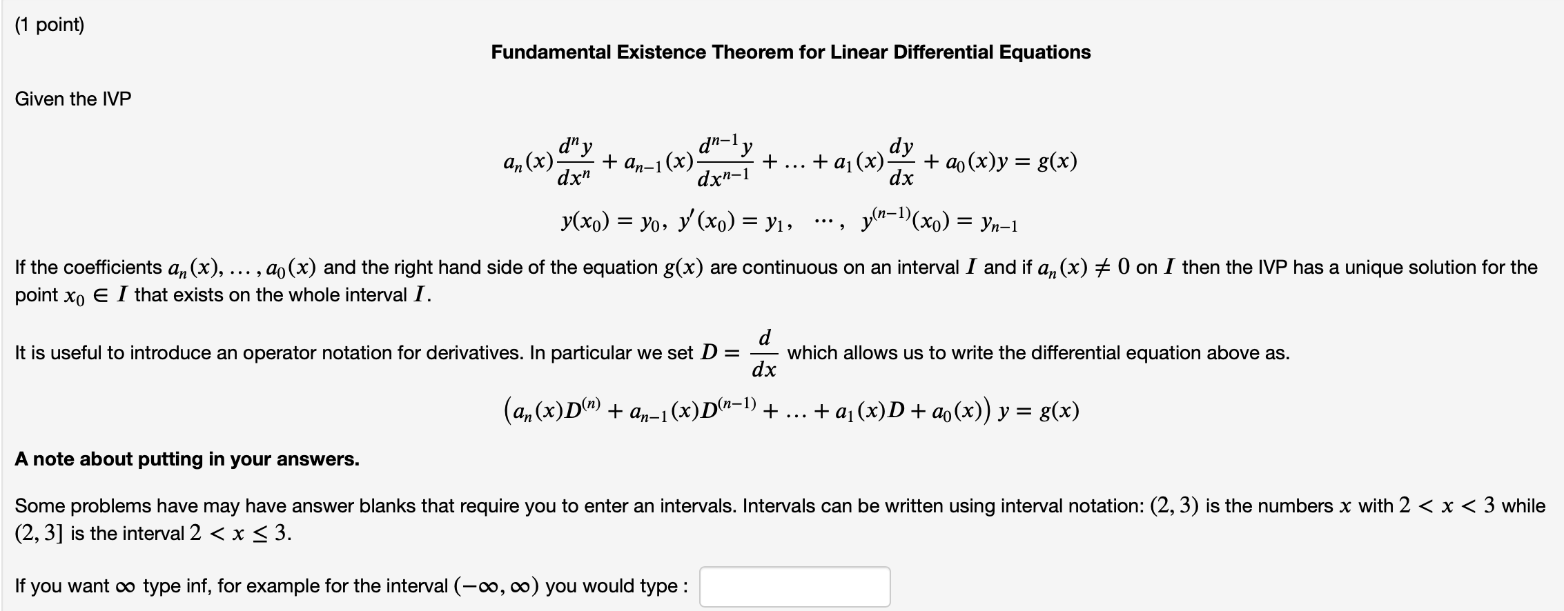 Solved (1 point) Fundamental Existence Theorem for Linear | Chegg.com