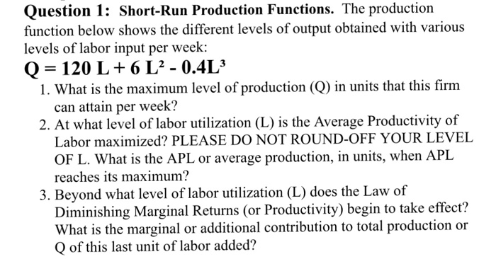 Solved Question 1: Short-Run Production Functions. The | Chegg.com