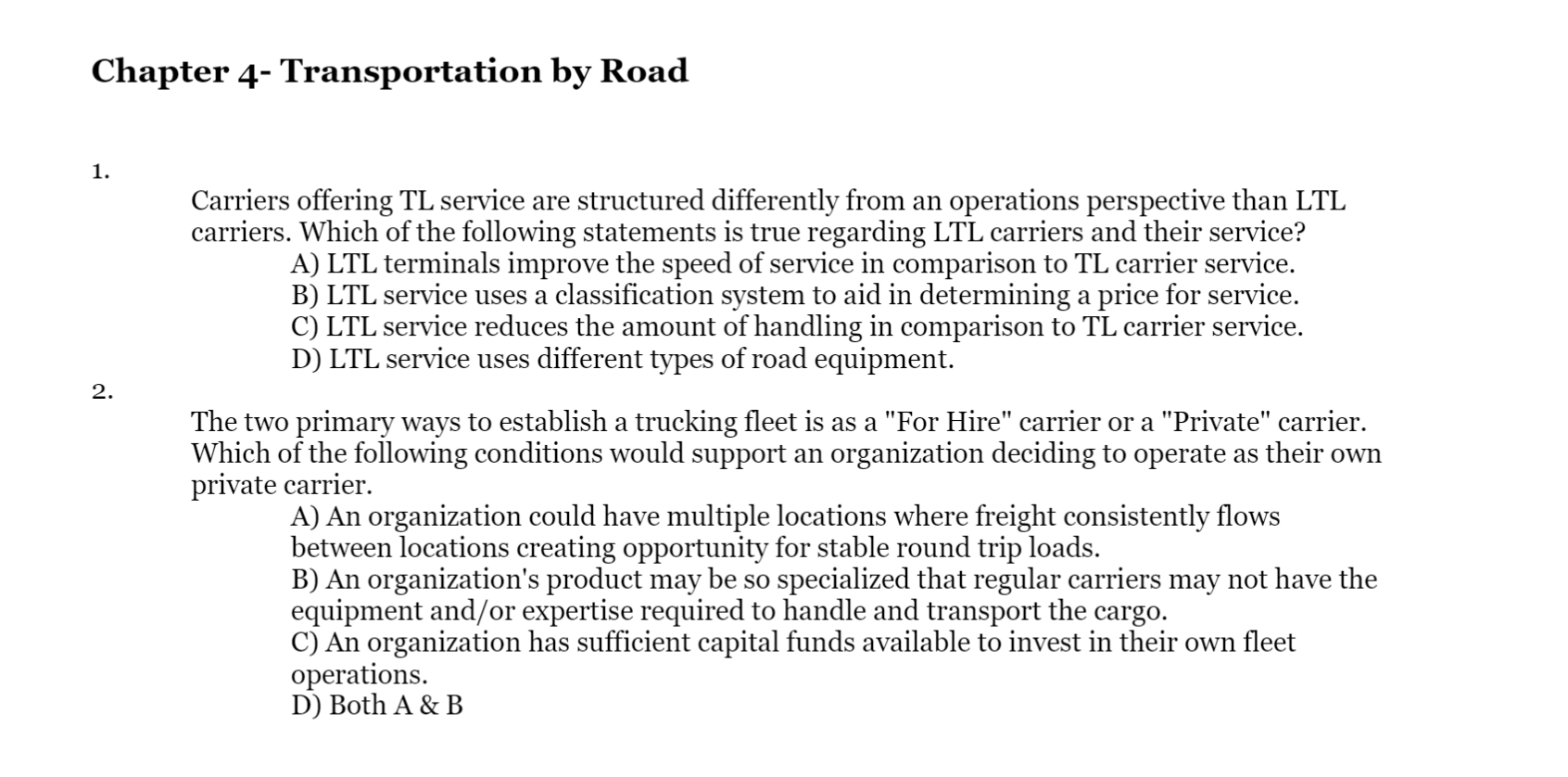 Solved Chapter 4- Transportation by Road Carriers offering | Chegg.com