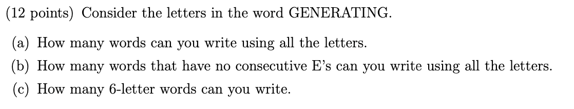 Solved (12 points) Consider the letters in the word | Chegg.com