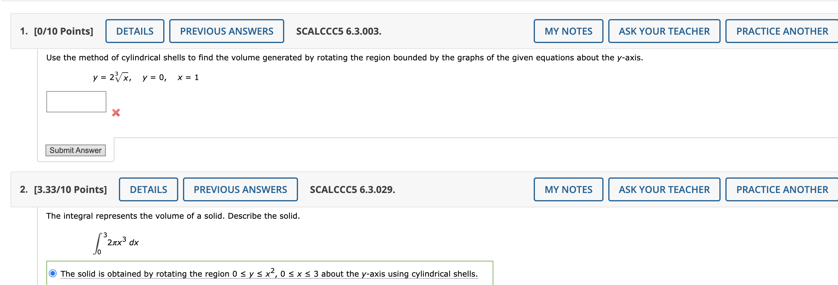 Solved /10 Points] SCALCCC5 6.3.003. Use the method of | Chegg.com
