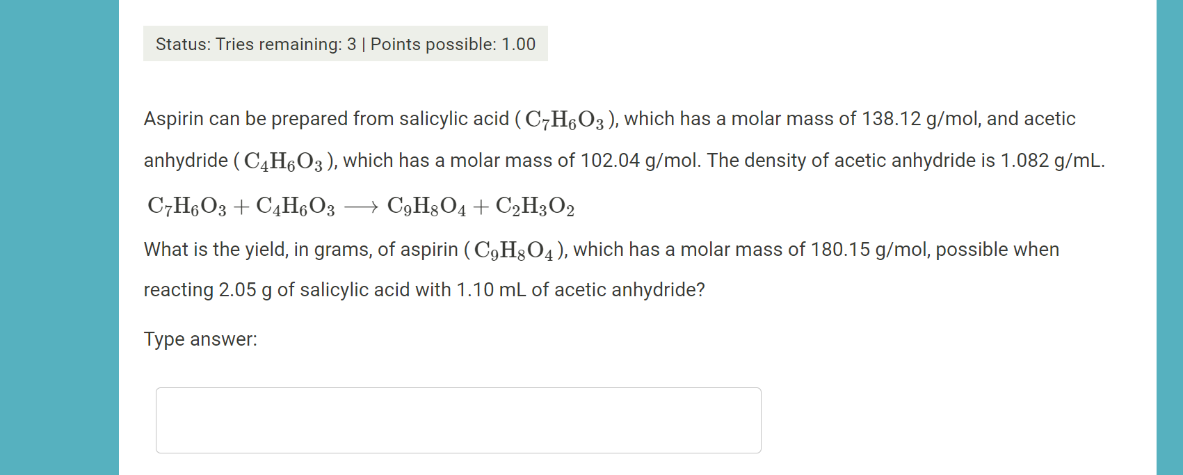 Solved Status: Tries remaining: 3 | Points possible: 1.00 | Chegg.com