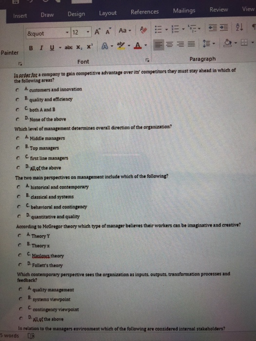 Solved Insert Draw Design Layout References Mailings Review | Chegg.com