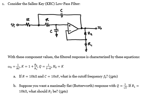 Solved 1. Consider the Sallen-Key (KRC) Low-Pass Filter: є, | Chegg.com