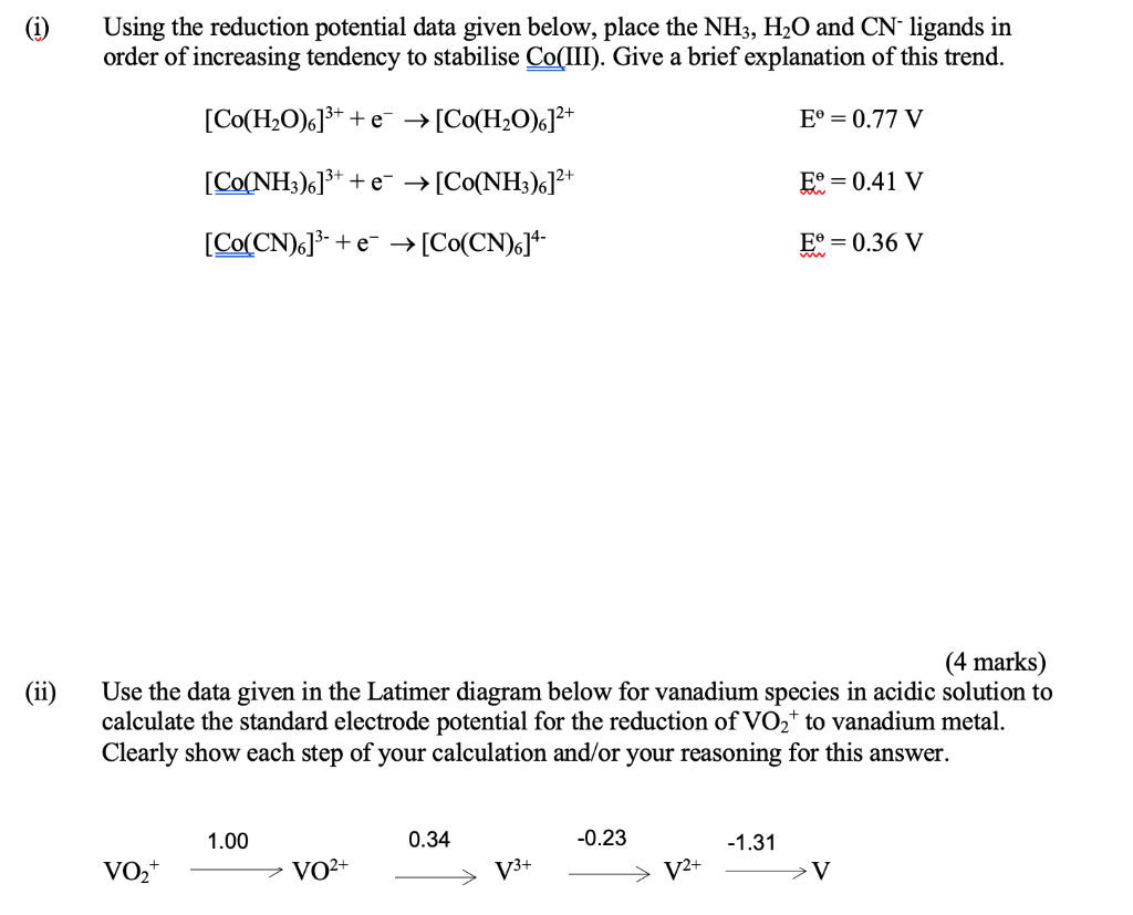 Solved Using the reduction potential data given below, place | Chegg.com