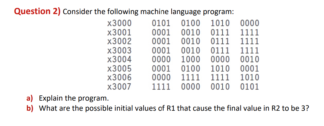 Solved Question 2) Consider the following machine language | Chegg.com