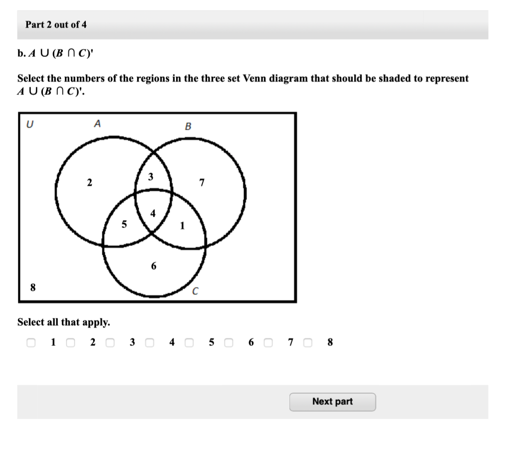 Solved Part 2 out of 4 b. A U (BNC)' Select the numbers of | Chegg.com