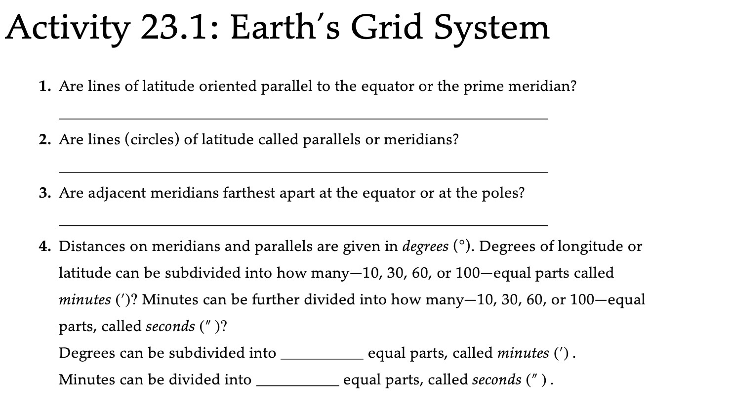 Solved Activity 23.1: Earth's Grid System 1. Are lines of | Chegg.com