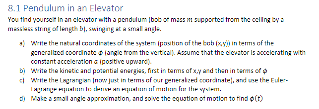 Solved 8.1 Pendulum in an Elevator You find yourself in an | Chegg.com