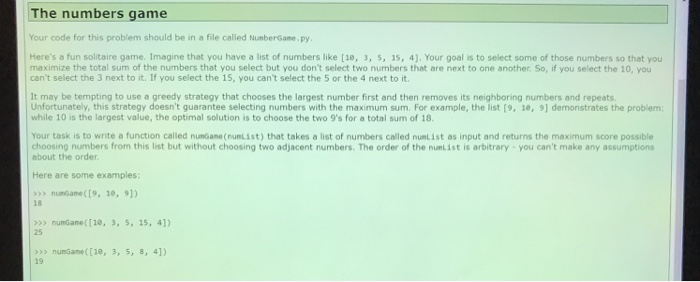 Solved The numbers game Your code for this problem should be | Chegg.com
