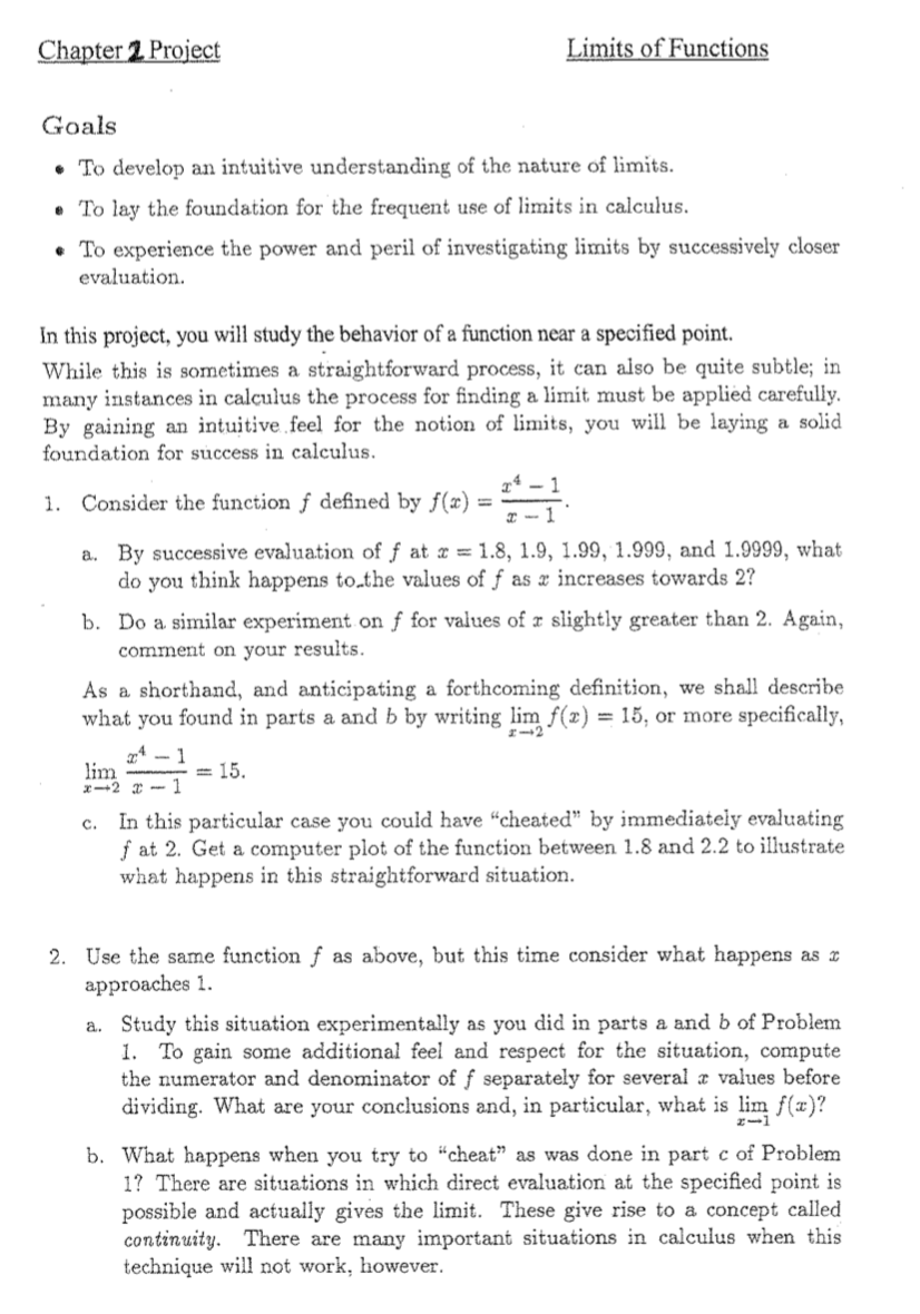 Solved Chapter 2 Project Limits of Functions Goals . To | Chegg.com
