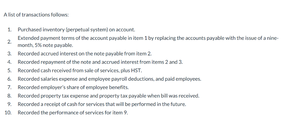 Solved A list of transactions follows: 1. Purchased | Chegg.com