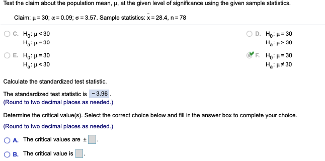 Solved Test the claim about the population mean, , at the | Chegg.com