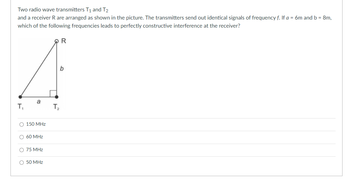 Solved Two radio wave transmitters T1 and T2 and a receiver | Chegg.com