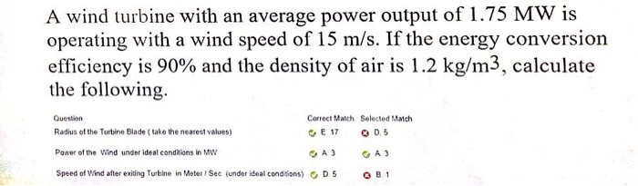 Solved A wind turbine with an average power output of 1.75 | Chegg.com