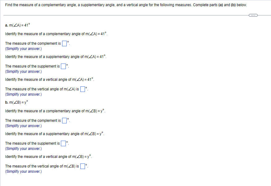 Solved Find the measure of a complementary angle, a | Chegg.com