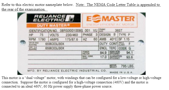 Solved IFRAME Refer to this electric motor nameplate below. | Chegg.com